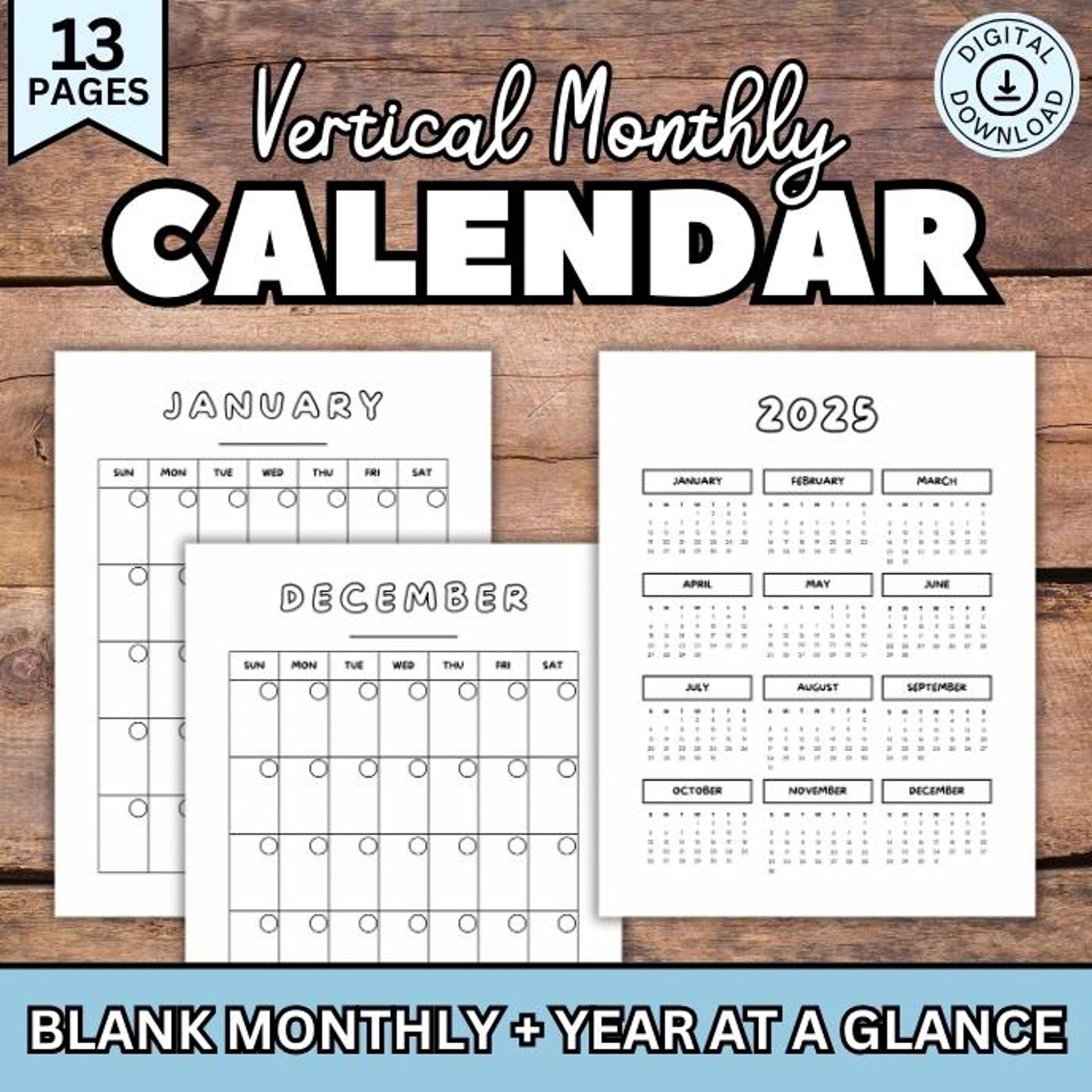 Blank Monthly Calendar Printable: Vertical Black and White (digital ...