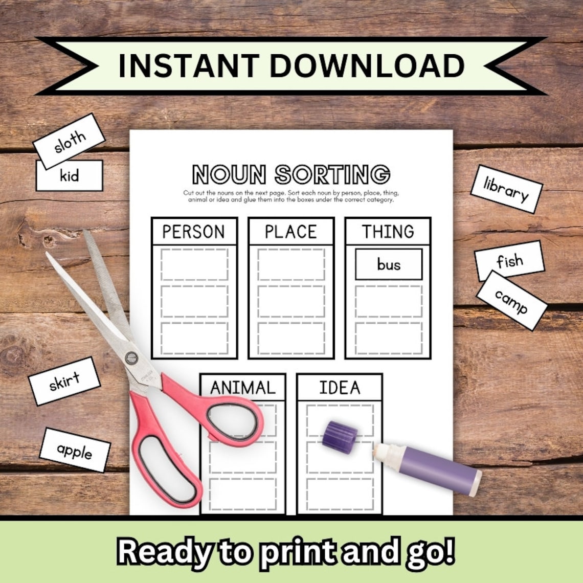 Nouns Sorting Worksheet, Nouns, Parts of Speech Worksheet, Cut and ...