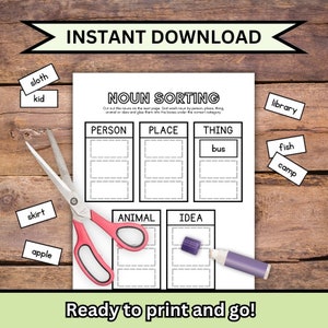 Nouns Sorting Worksheet, Nouns, Parts of Speech Worksheet, Cut and ...