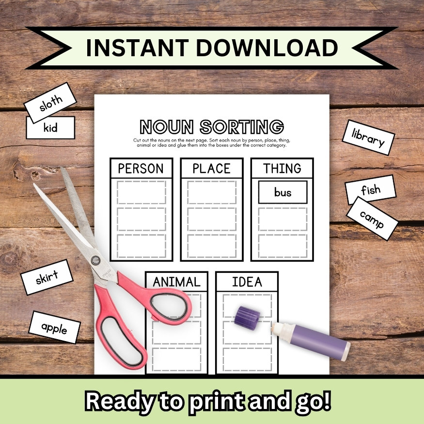 Nouns Sorting Worksheet, Nouns, Parts of Speech Worksheet, Cut and ...