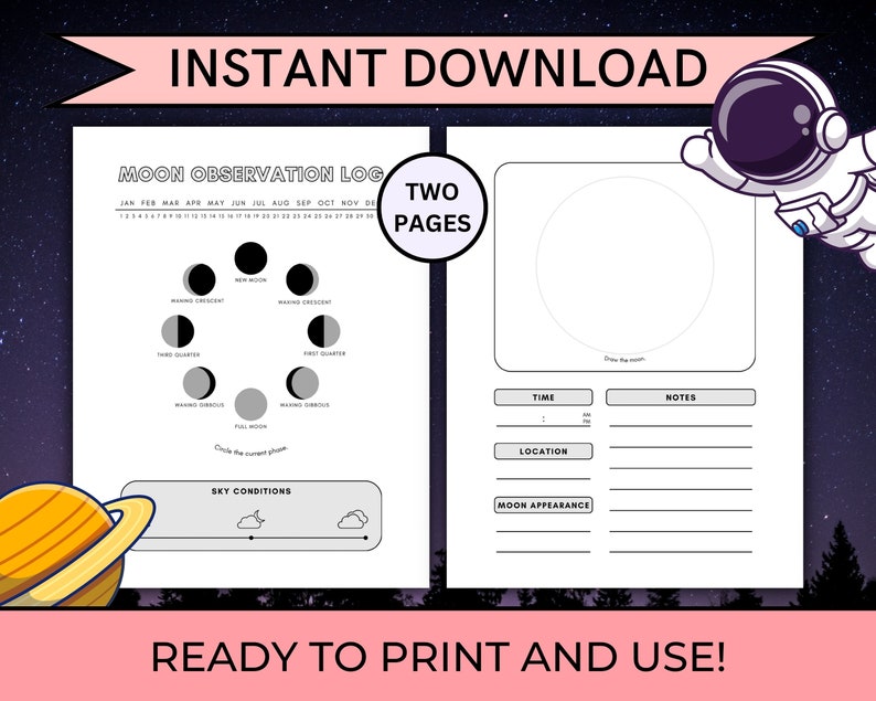 Moon Observation Log Lunar Diary Moon Log Book Moon Gazing - Etsy