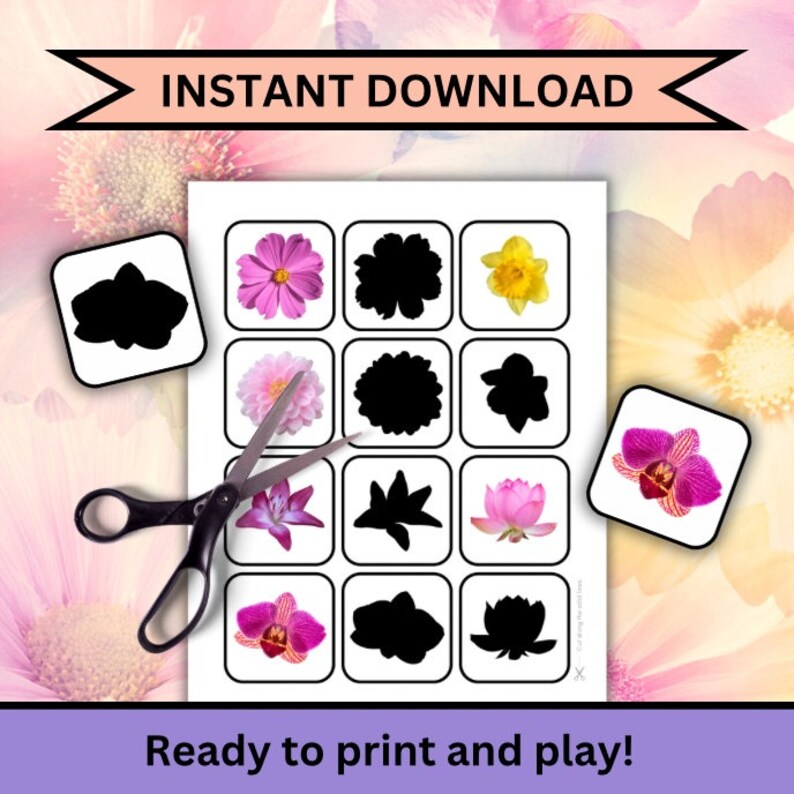 Flower Silhouette Matching Cards, Spring Card Game, Activity, Pattern ...