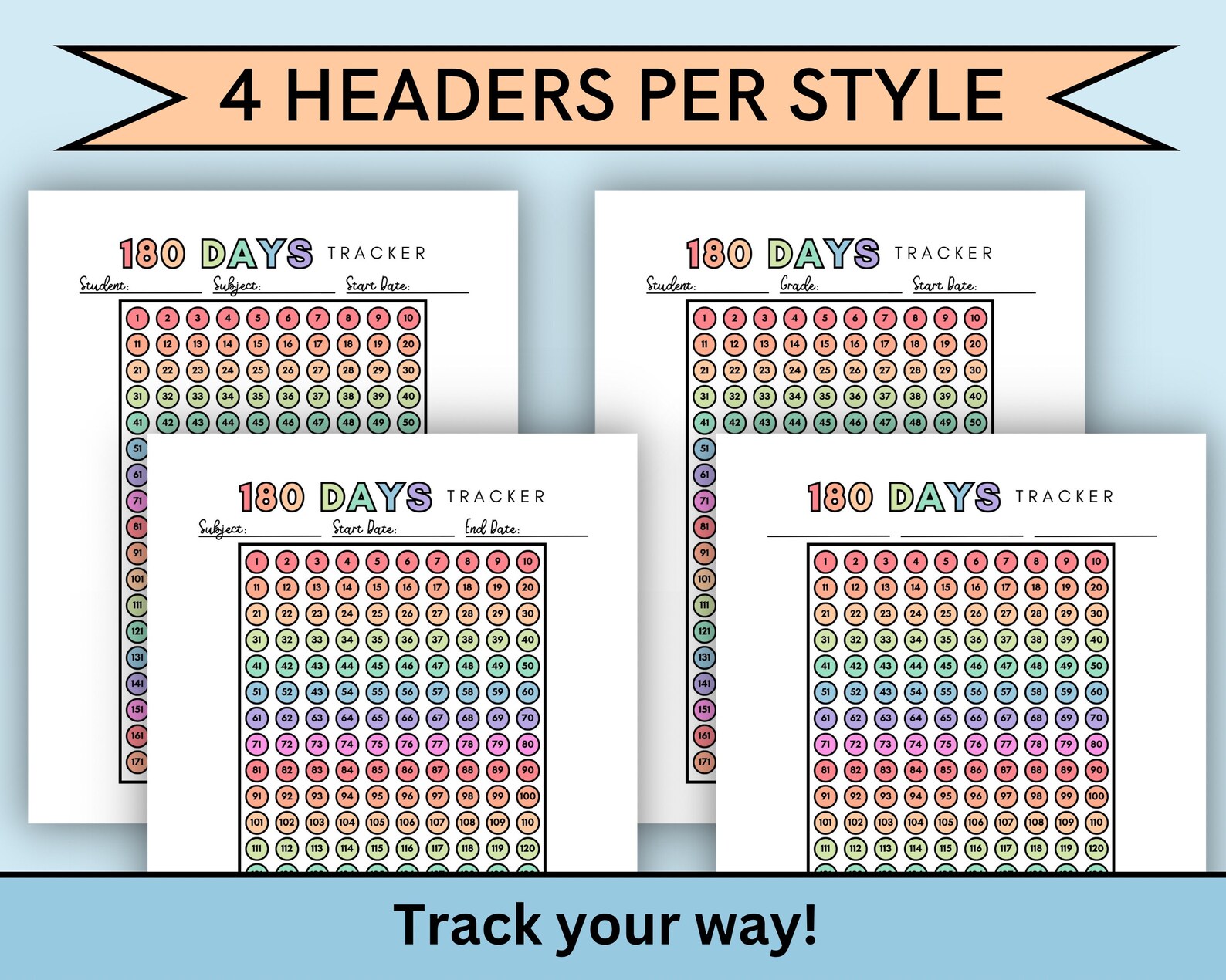 180 Day Tracker, 180 Days of School, 180 Days Countdown, Day Count for ...