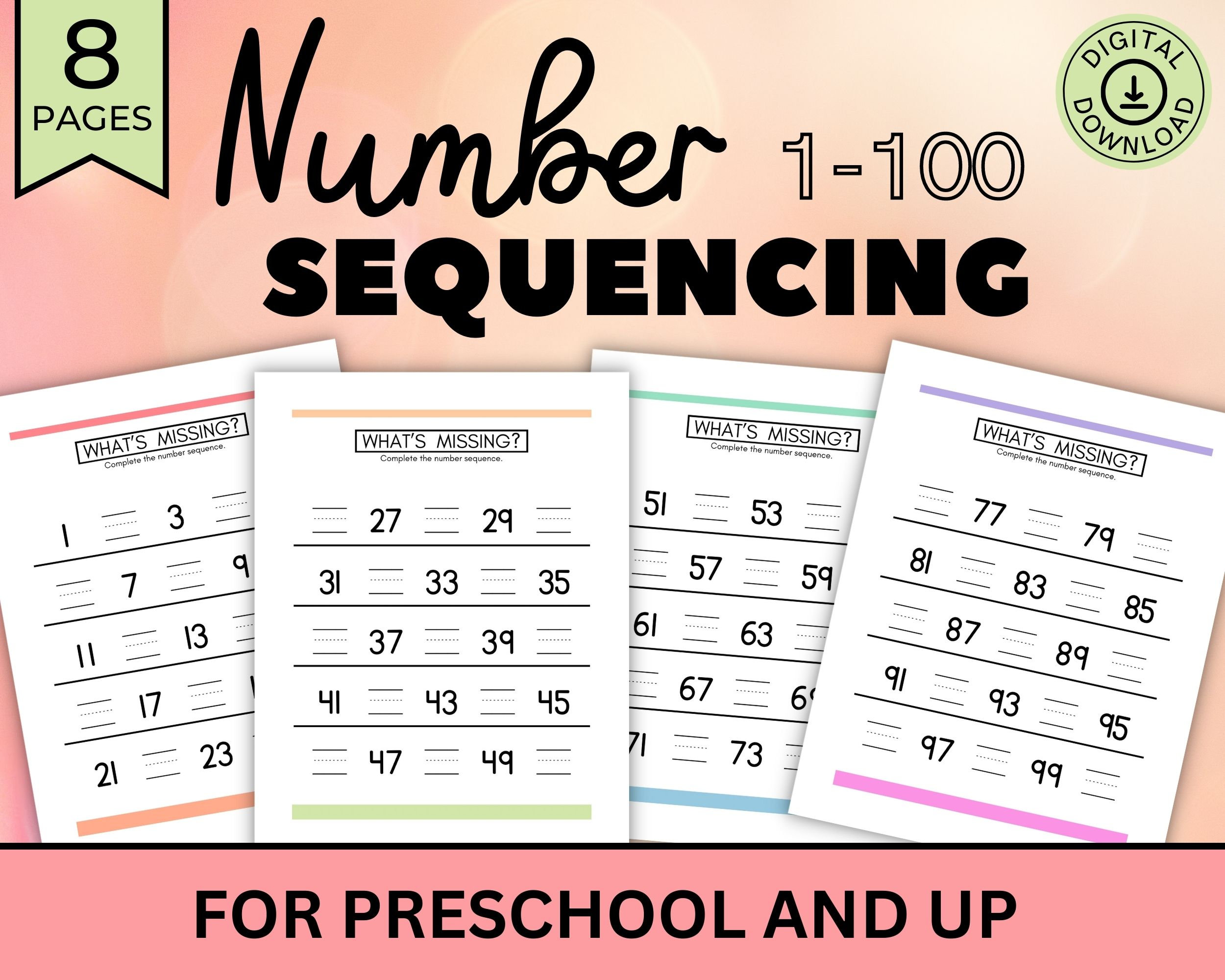 Math Number Sequence Worksheets, Counting Numbers 1 to 100, Missing ...