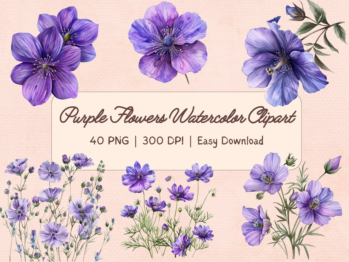 Purple Flower Watercolor Clipart Set, Wildflower Clipart Set, Purple ...