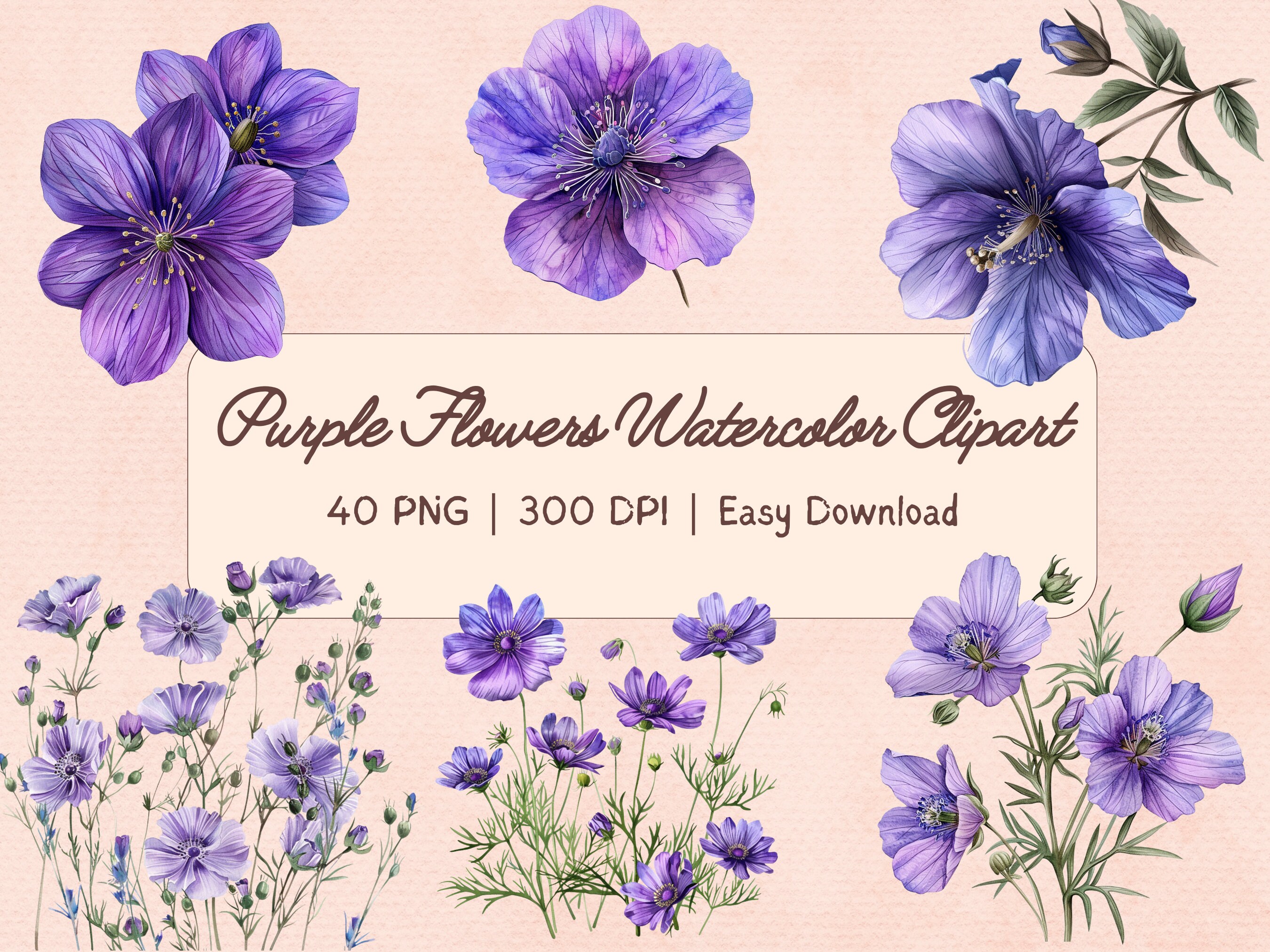 Purple Flower Watercolor Clipart Set, Wildflower Clipart Set, Purple ...
