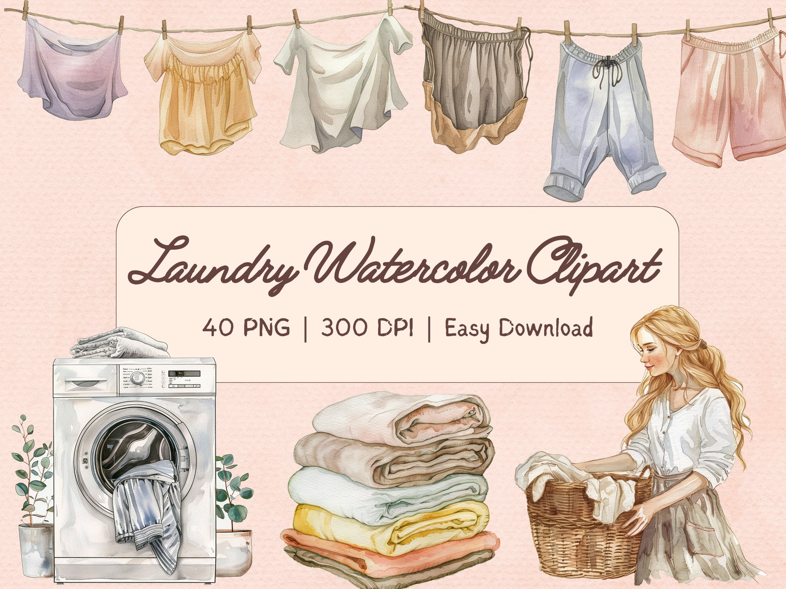 Laundry Day Watercolor Clipart Set, Cute Clipart Set, Laundry Cliparts ...