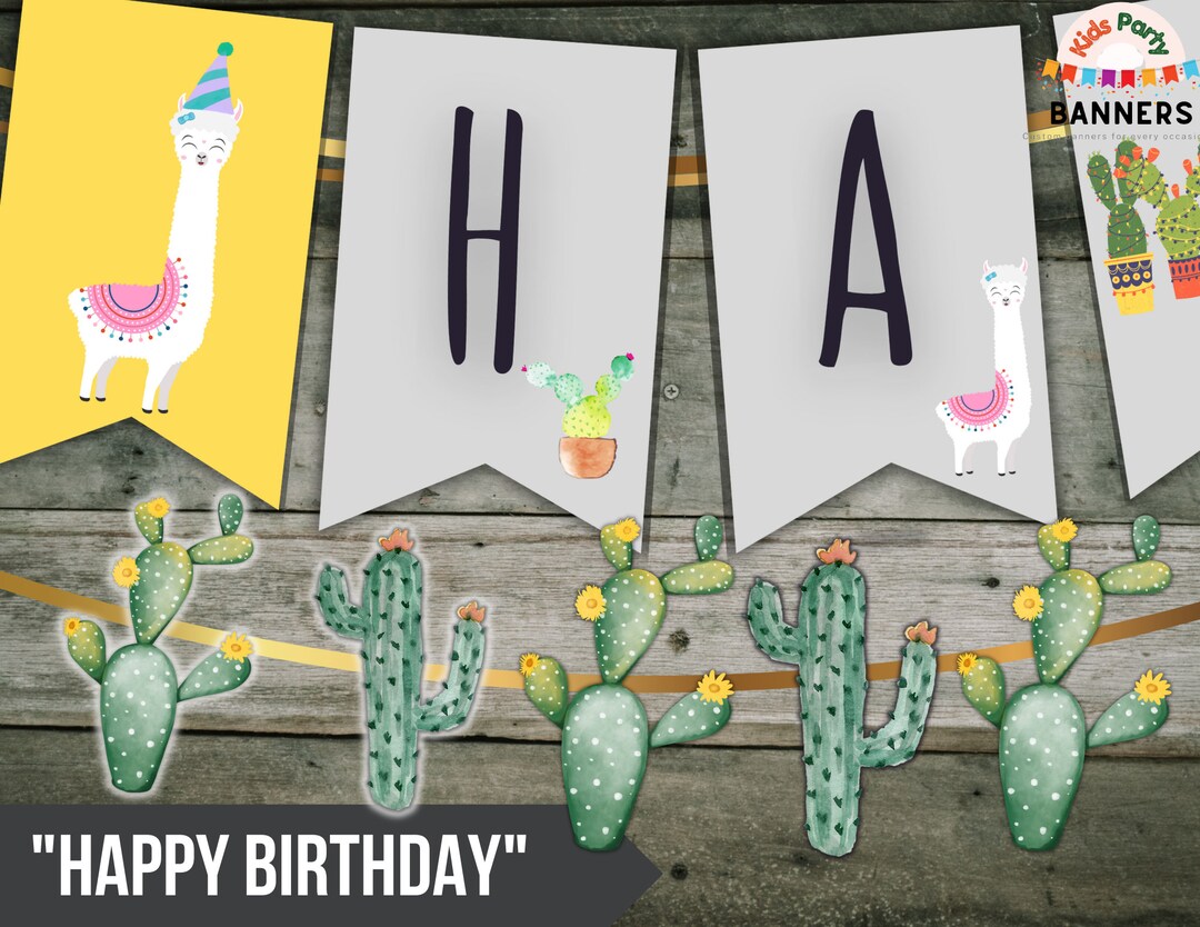 Happy Birthday Banner Llama Birthday Banner Fiesta Birthday Girl Cactus ...