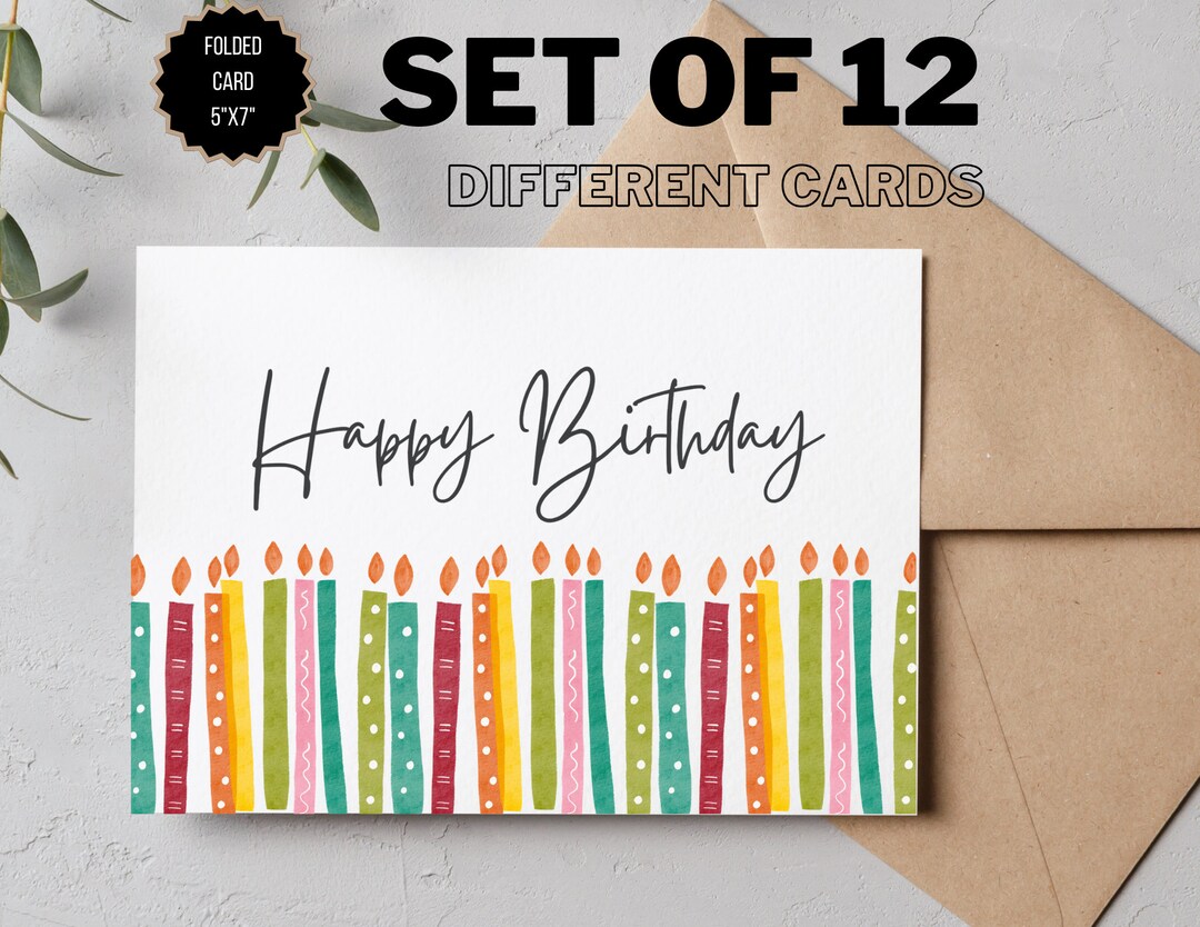 Printable 5x7 Folded Birthday Cards Bundle Set of 12 With Cake ...