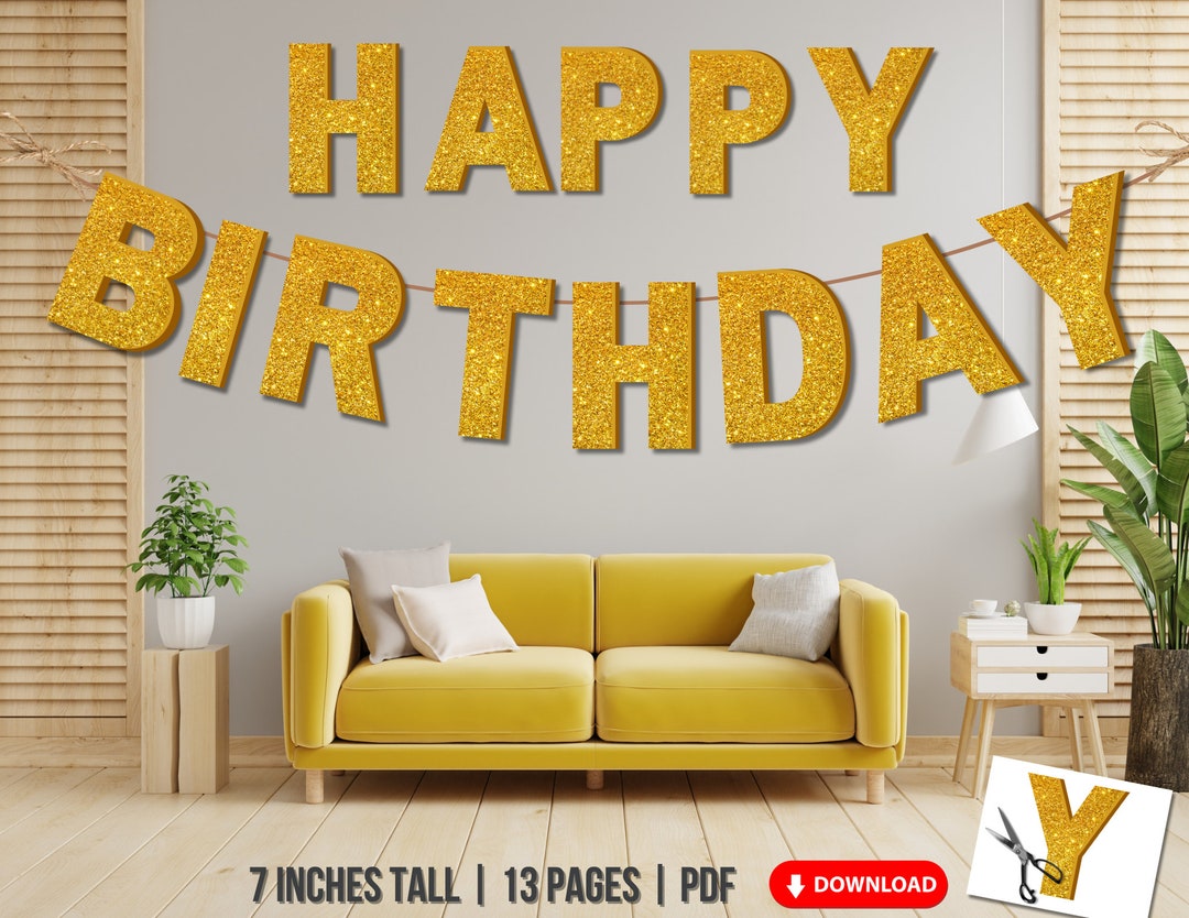 Gold Glitter HAPPY BIRTHDAY Letter Banner Garland (7 Inches Tall ...