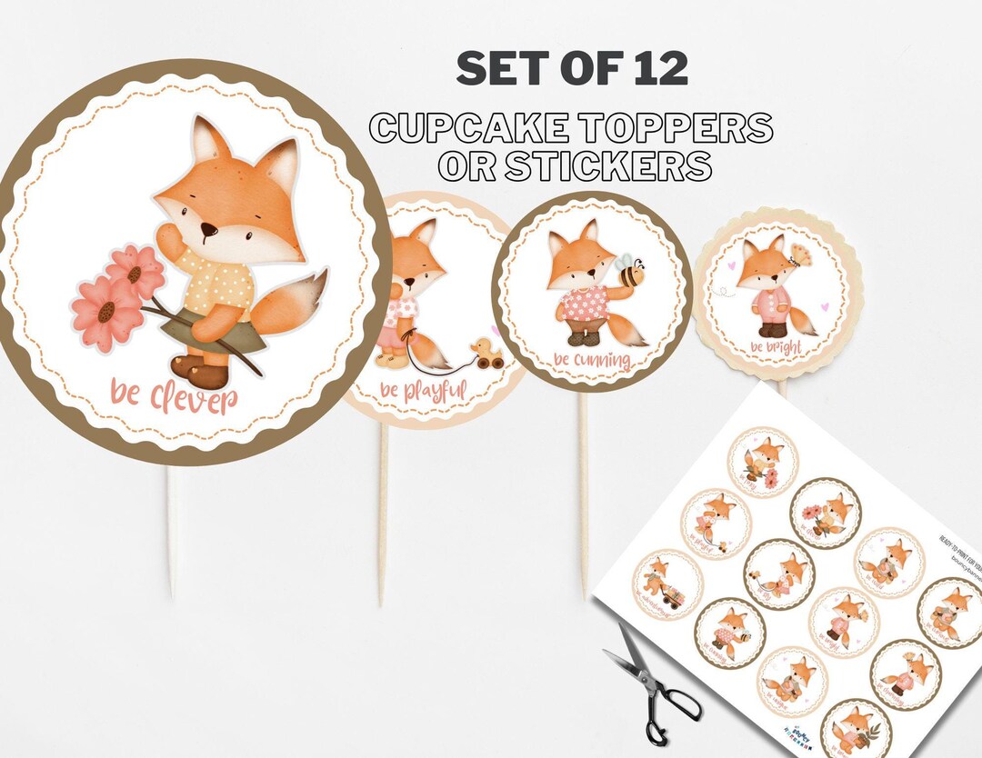 Baby Fox Cupcake Toppers and Stickers Printable, Baby Shower Birthday ...