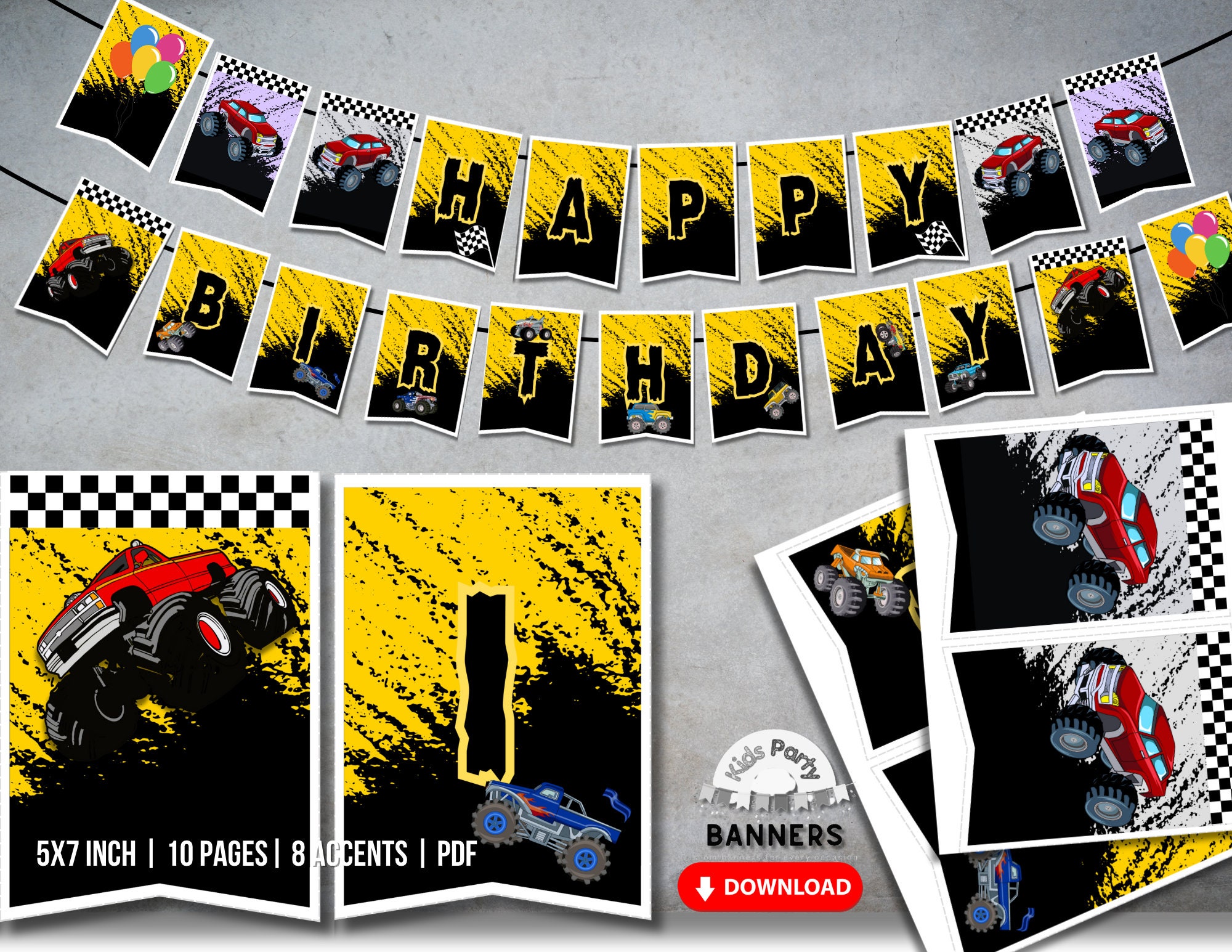 Printable Roaring Fun Ahead Monster Trucks Birthday Banner Bunting ...