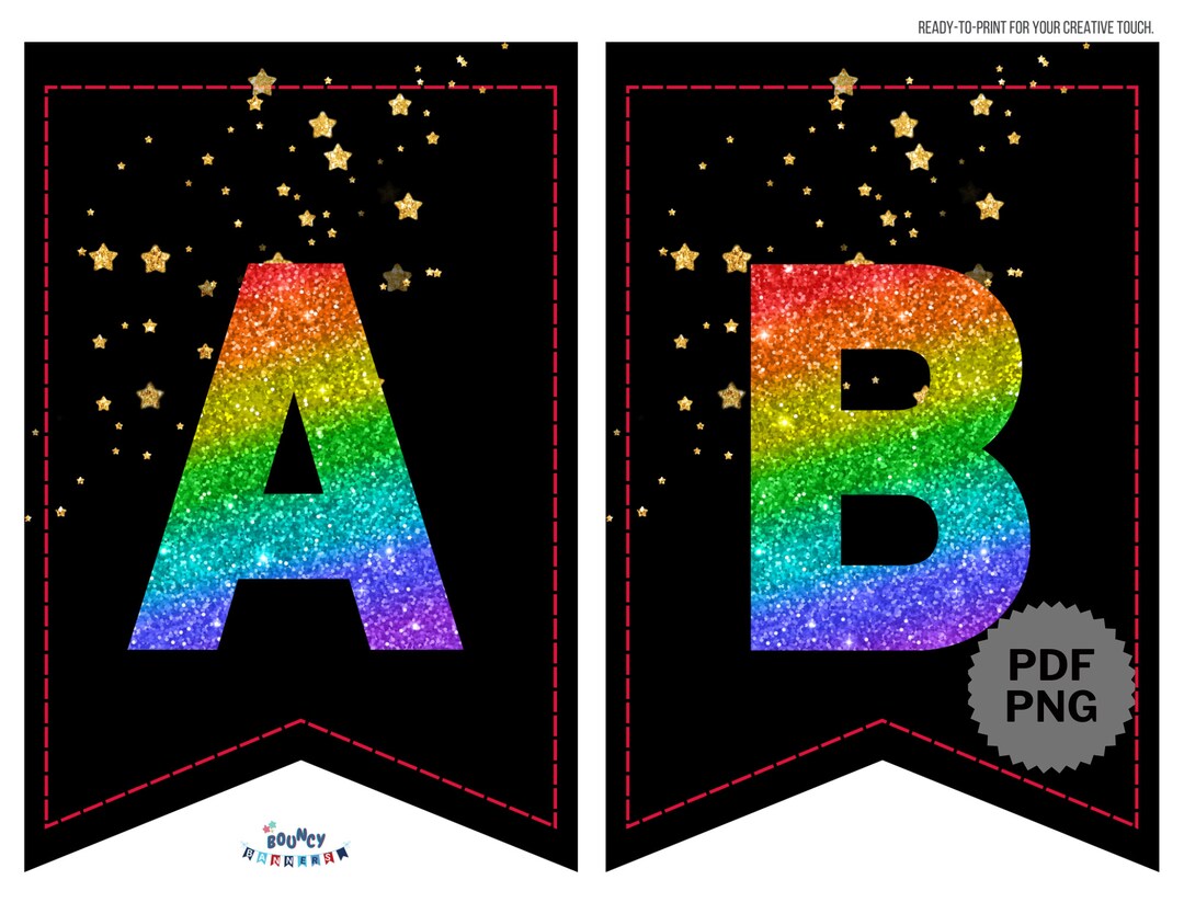 Rainbow Glitter Alphabet Number Banner on Deep Black Background Gold ...