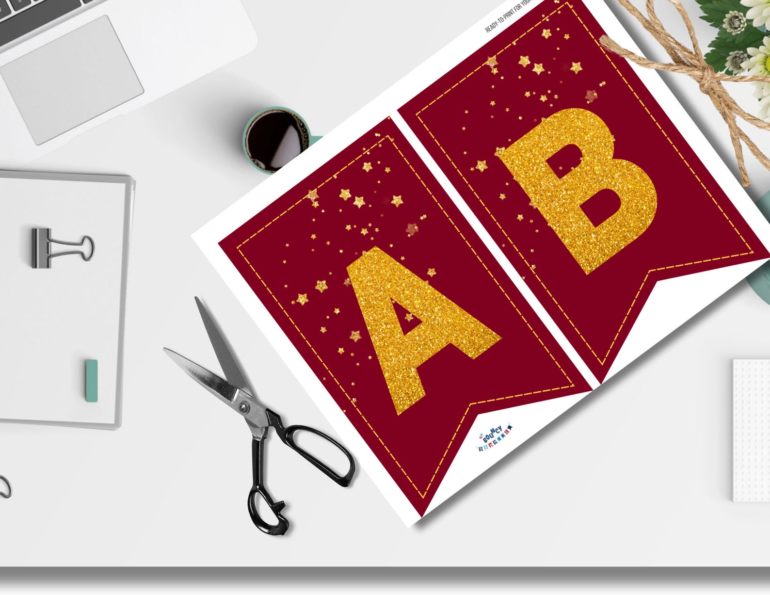 Printable Gold Glitter Alphabet and Numbers Bunting Banner - Burgundy ...