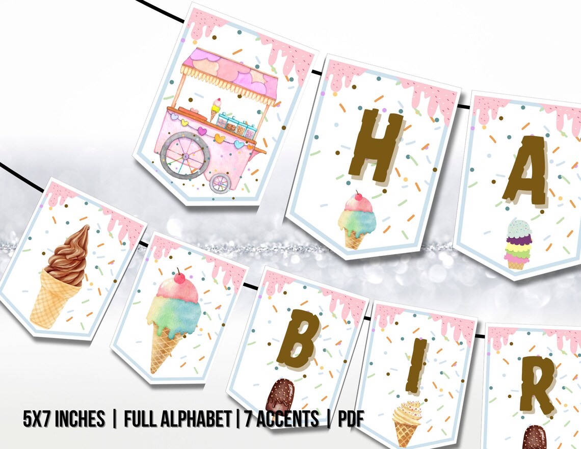 Ice Cream Shop Theme Happy Birthday Banner | Pink Ice Cream Birthday ...
