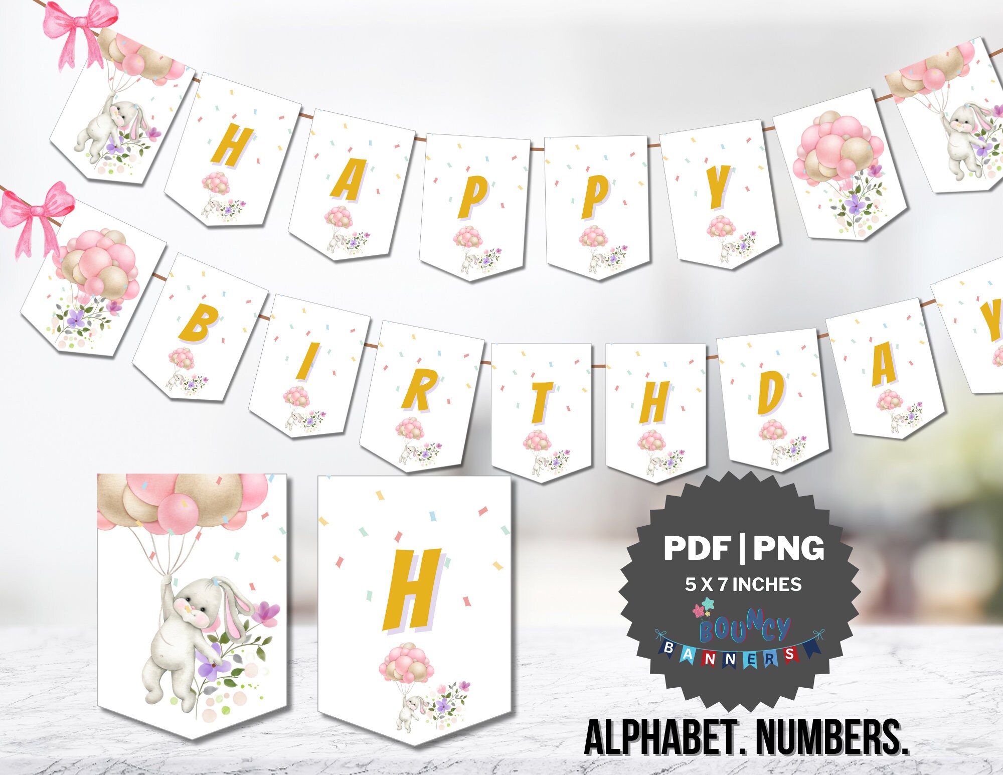 Bunny With Pink and Gold Balloon Pastel Watercolor Birthday Banner Flag ...