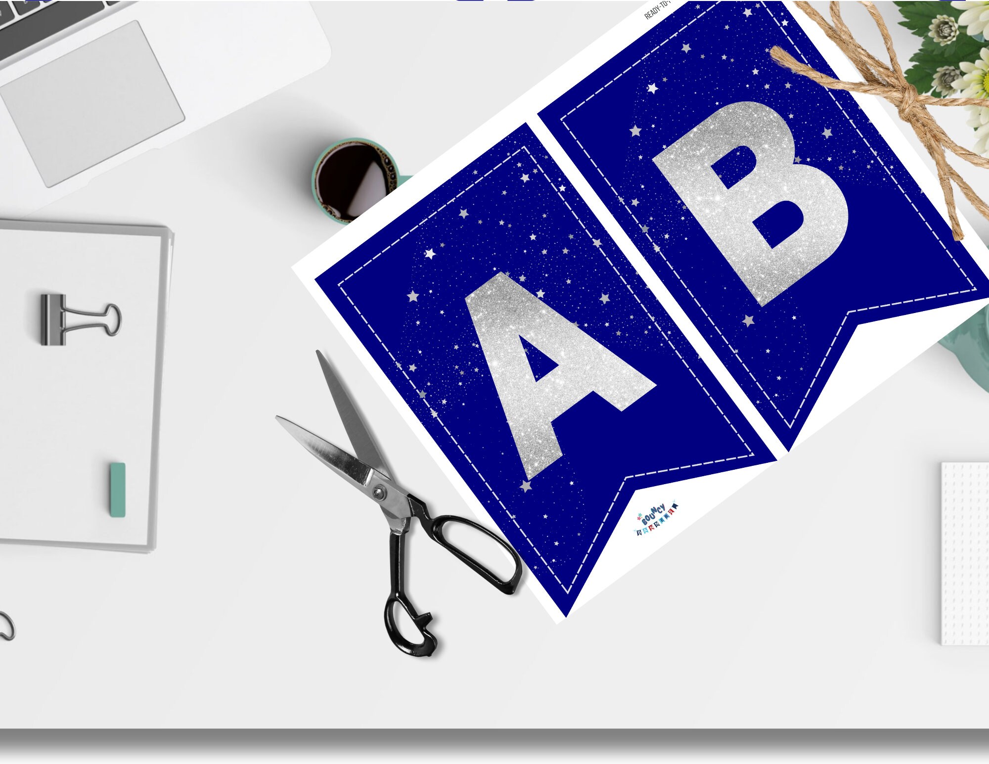 Silver Glitter on Navy Blue Background Party Bunting Banner Alphabet ...