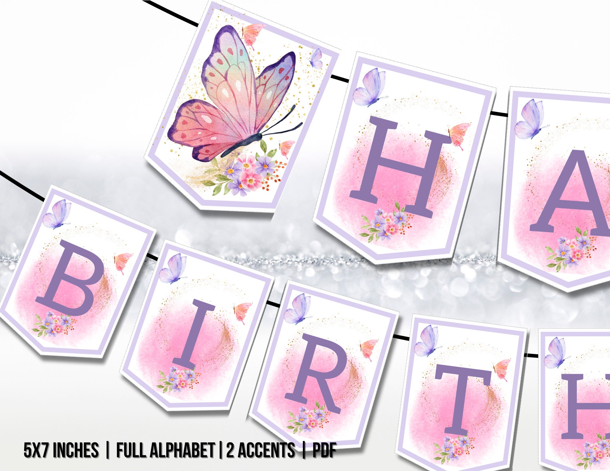 Happy Birthday Banner Butterfly Birthday Banner Floral Flowers Pink ...