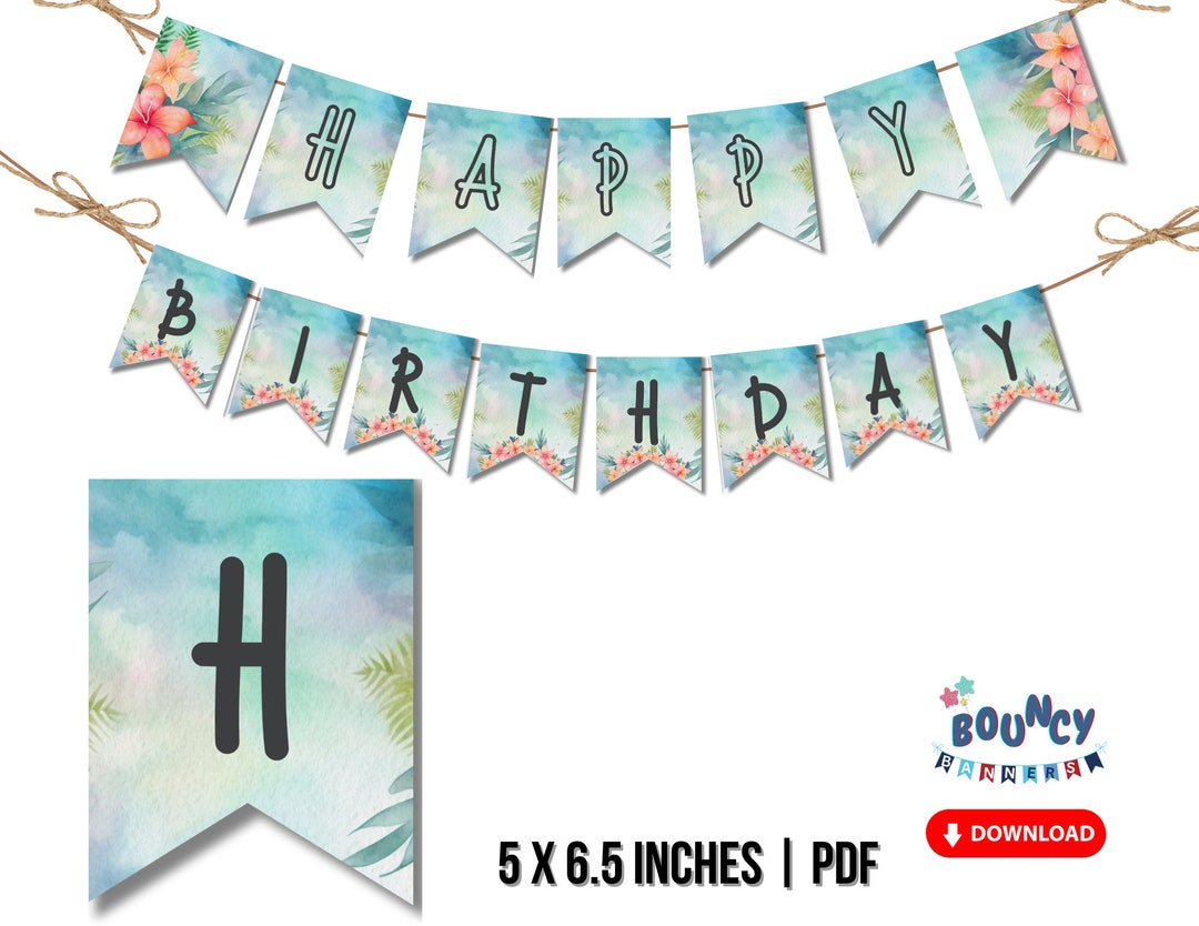 Hawaiian Island Theme HAPPY BIRTHDAY Banner With Abstract Floral ...