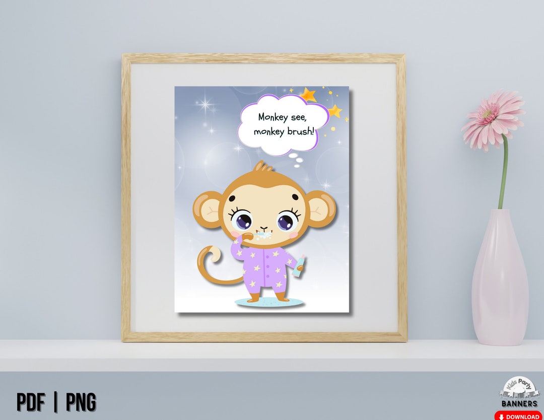 Cheerful Monkey Teeth Brushing Poster for Kids - Printable PDF and PNG ...