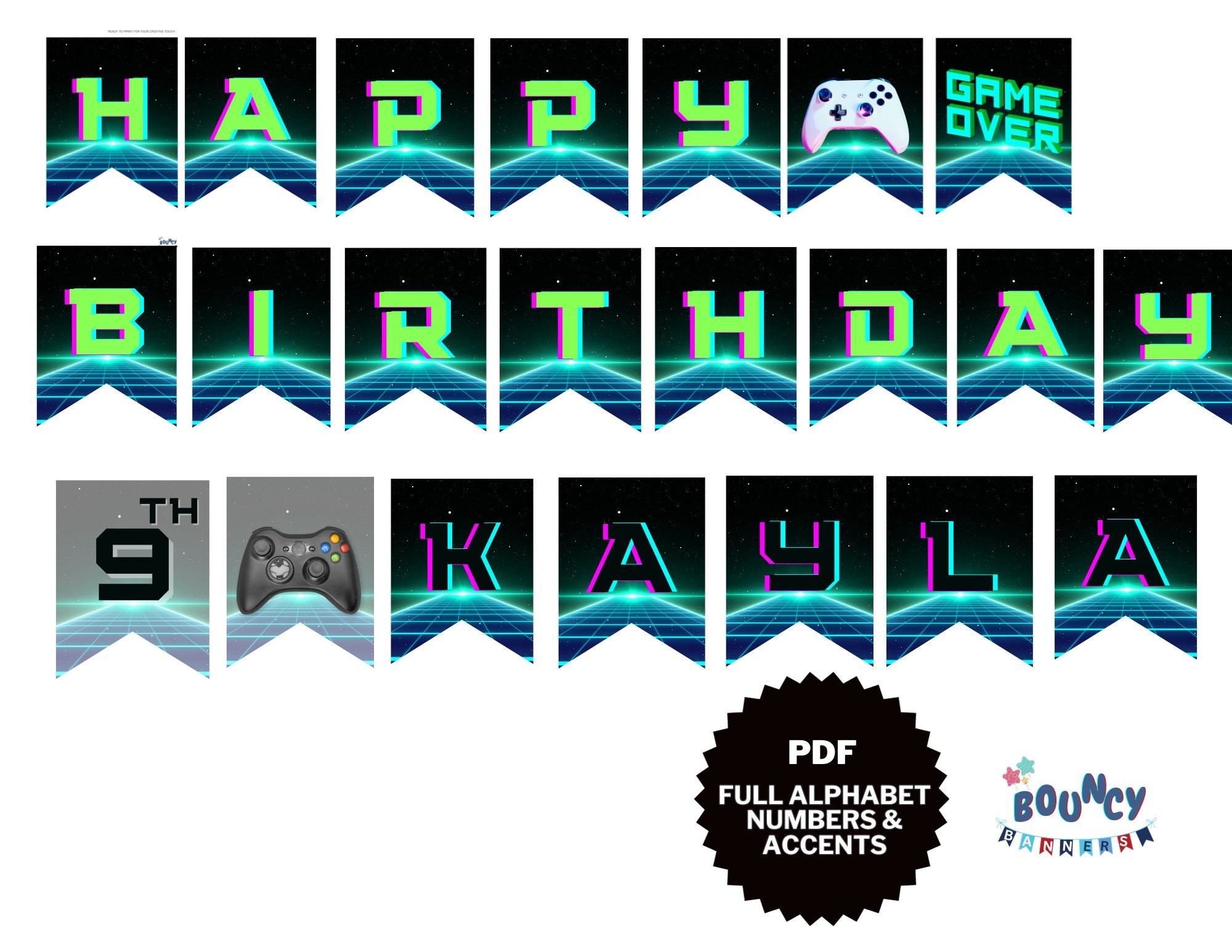 Printable Video Gamer Happy Birthday Banner Flags With Retro Video ...