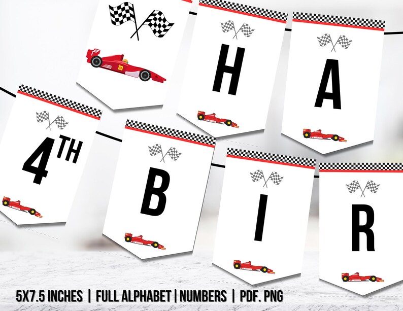 Red Car Race Happy Birthday Banner Flags With Alphabet & Numbers ...