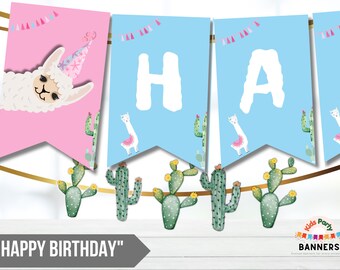 Happy Birthday Banner Llama Birthday Banner Fiesta Birthday Girl Cactus ...