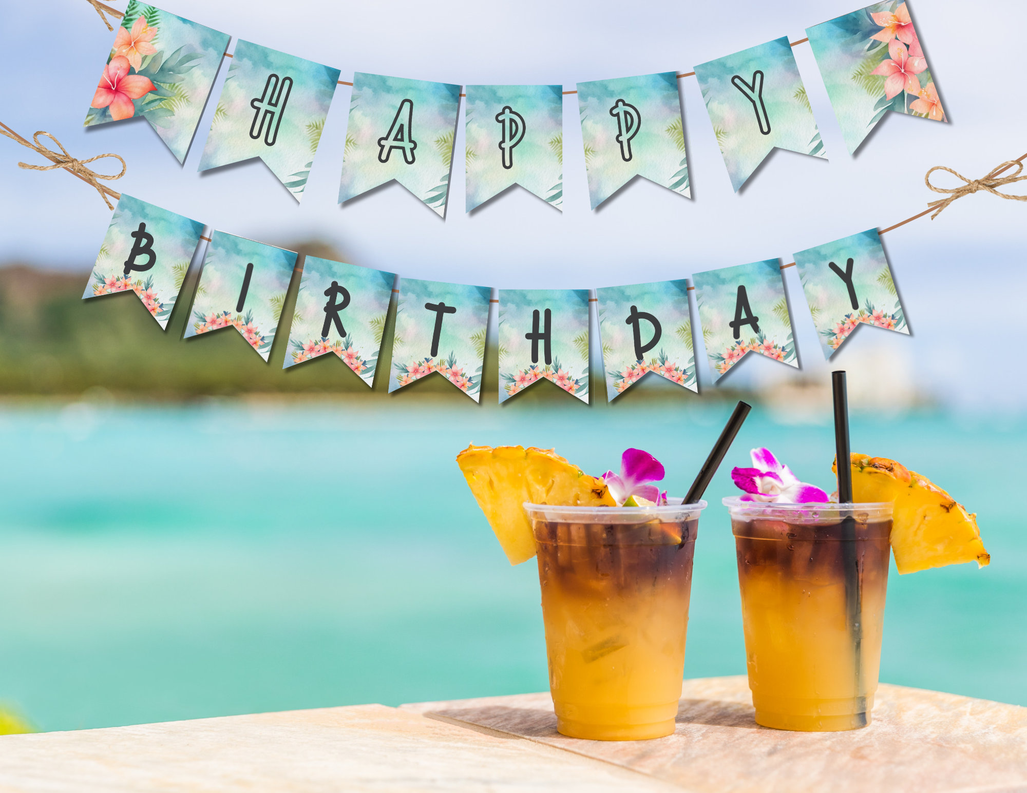 Hawaiian Island Theme HAPPY BIRTHDAY Banner With Abstract Floral ...