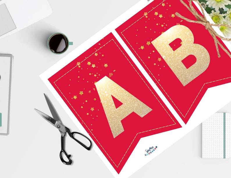 Crimson Elegance: Gold Glitter Alphabet & Number Banners Gold Stars ...