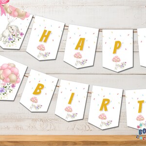 Bunny With Pink and Gold Balloon - Pastel Watercolor - Birthday Banner ...