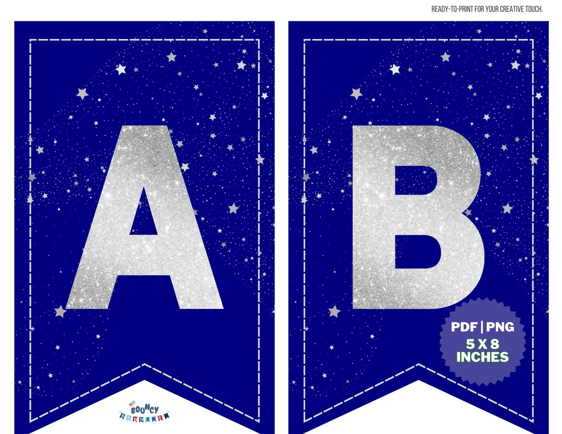 Silver Glitter on Navy Blue Background Party Bunting Banner Alphabet ...