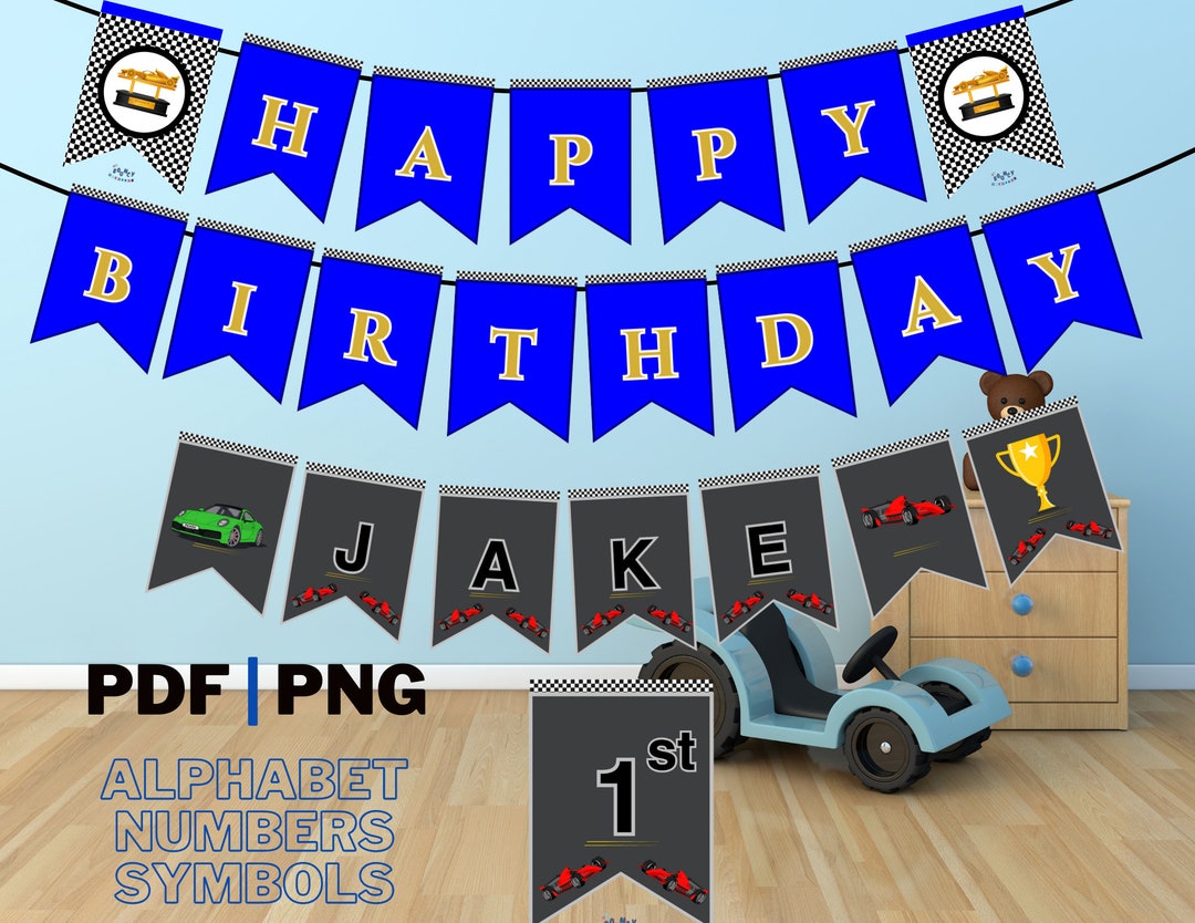 Classic Blue and Vintage Gold Car Race Birthday Banner| Printable ...
