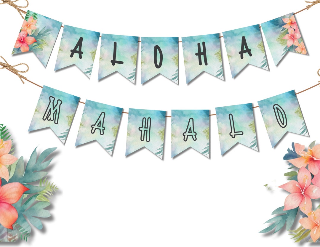 Hawaiian Watercolor Floral Hibiscus ALOHA MAHALO Banner Printable ...