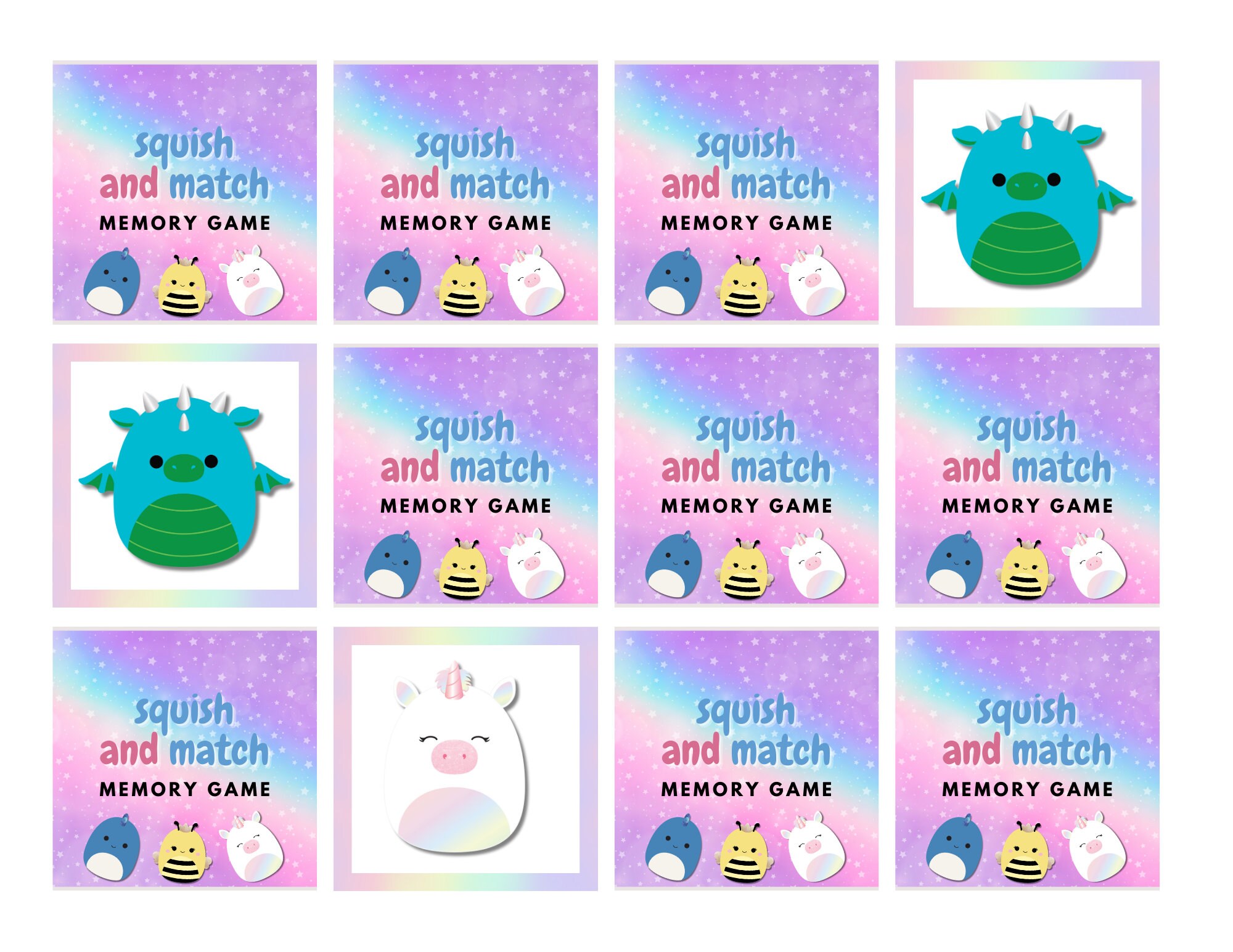 Squish and Match Squishmallows Memory Game Cards Birthday Party Ideas ...