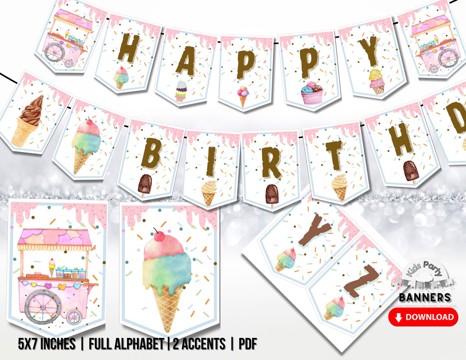 Ice Cream Shop Theme Happy Birthday Banner | Pink Ice Cream Birthday ...