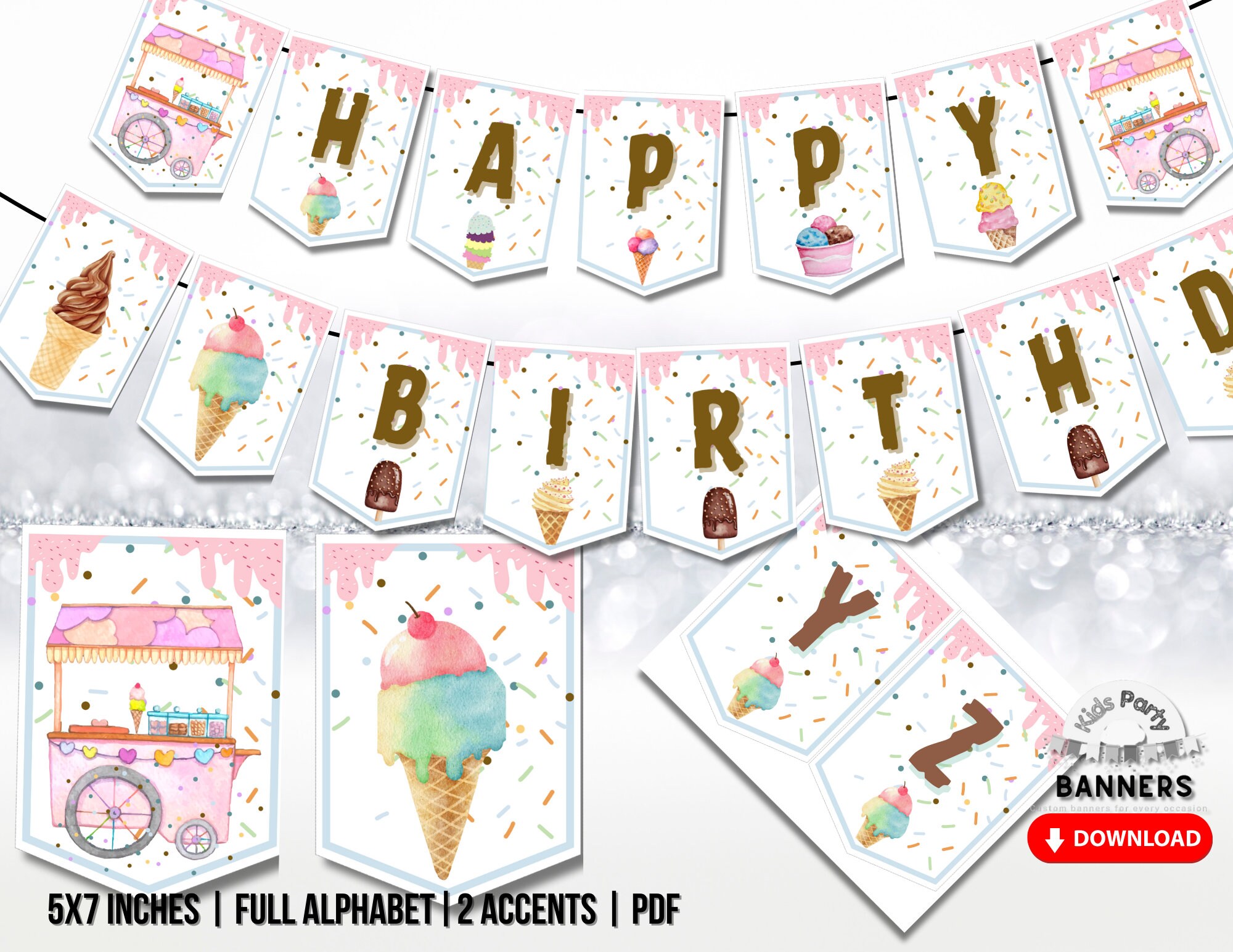Ice Cream Shop Theme Happy Birthday Banner | Pink Ice Cream Birthday ...
