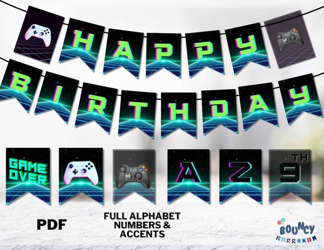 Printable Video Gamer Happy Birthday Banner Flags With Retro Video ...