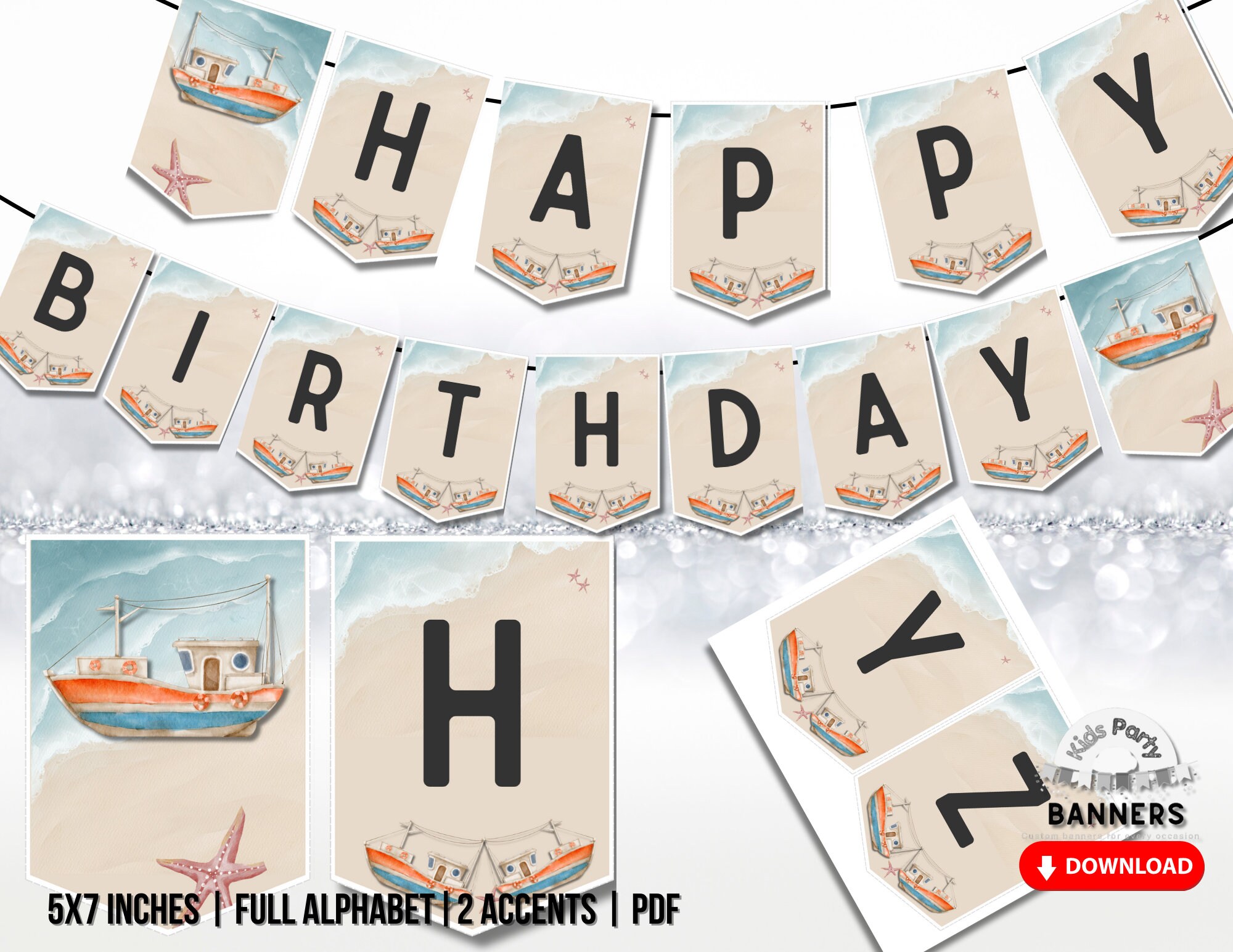 Sailboat and Beach Theme Full Alphabet Birthday Banner Digital Download ...