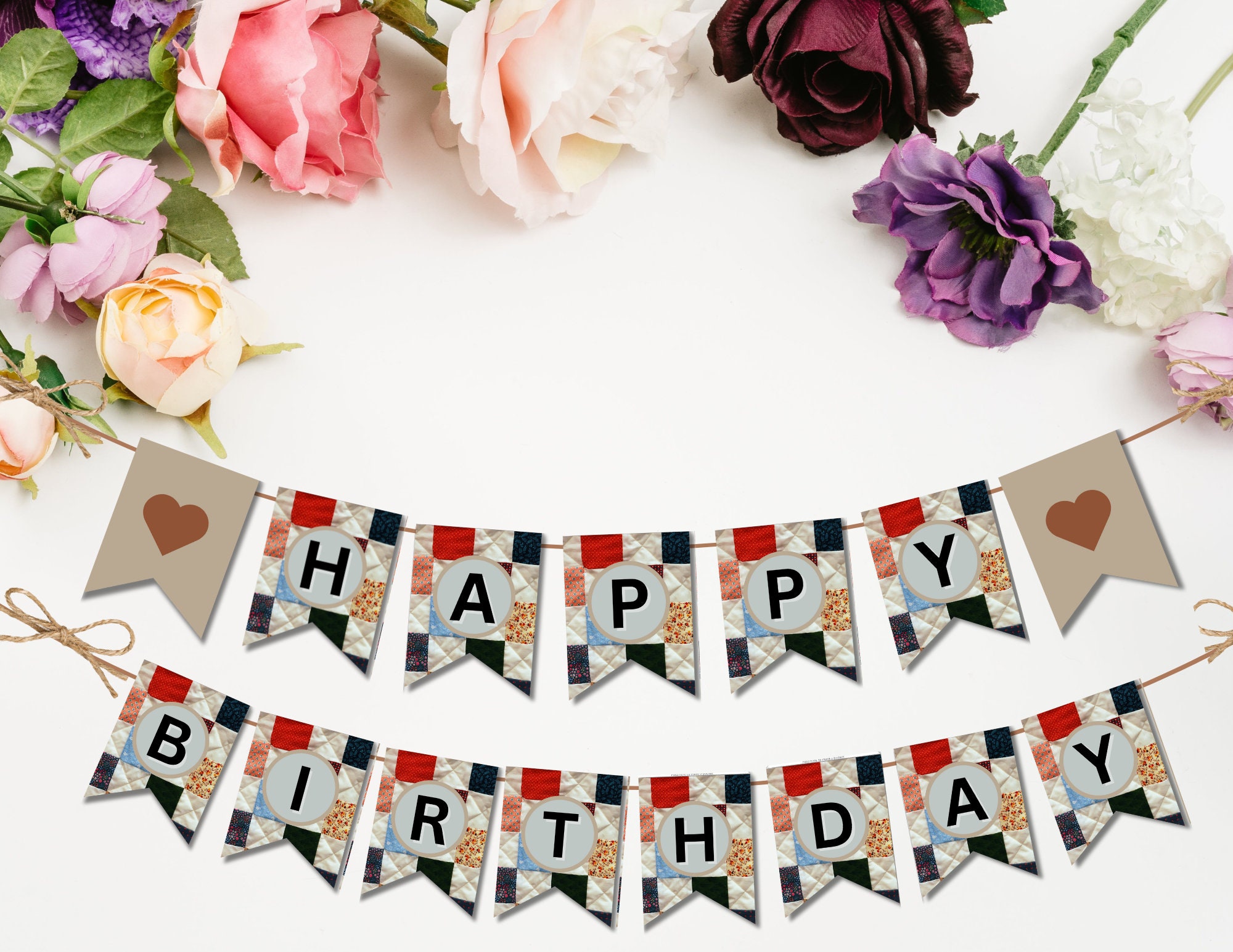 Quilted Fabric HAPPY BIRTHDAY Banner Flags With Hearts - Printable ...