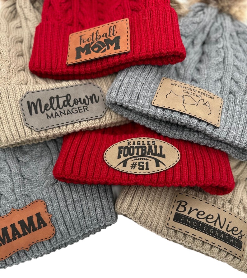 Personalized Winter Beanie Hat: Custom Leatherette Patch, Knitted Pom ...