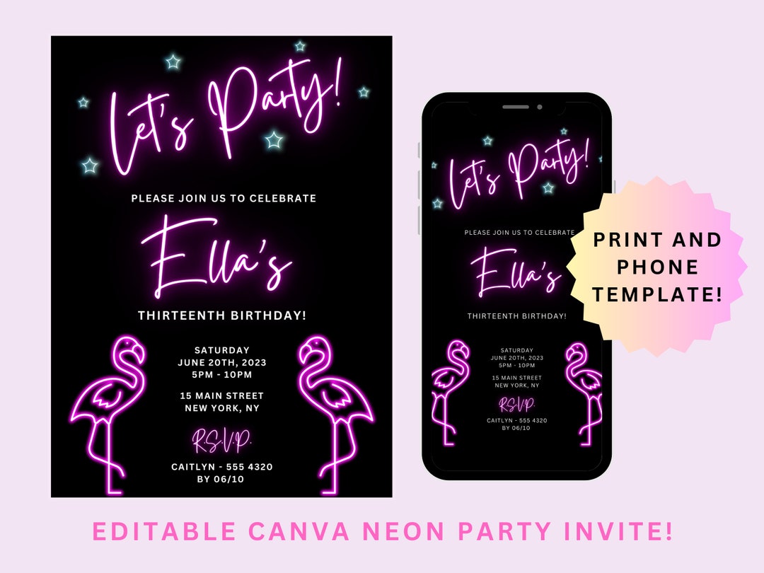 Neon Birthday Party Invitation Fun and Vibrant Neon Glow Design Digital ...
