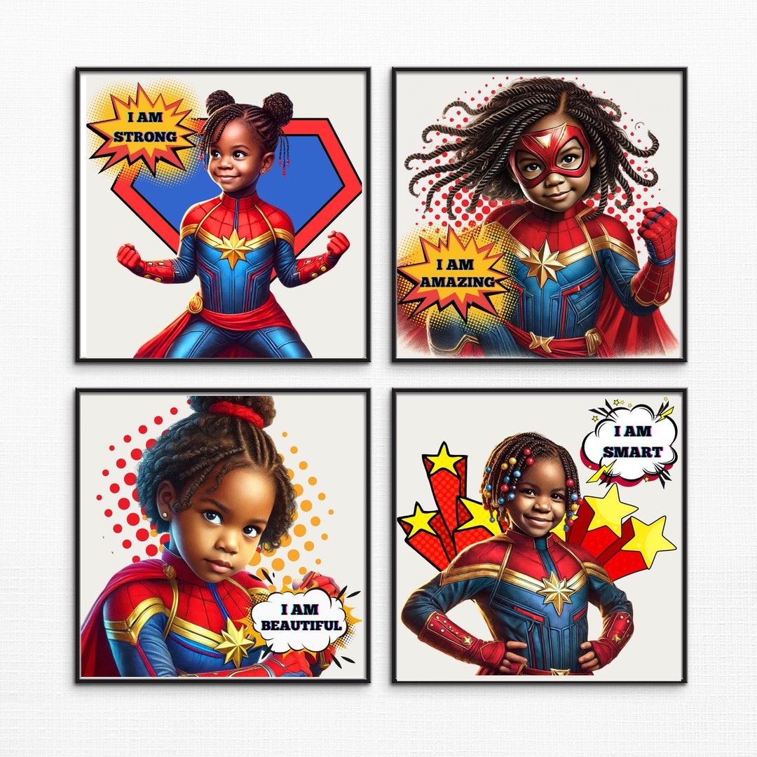 African American Girl Superhero, Set of Four Girls Room Printable Art ...