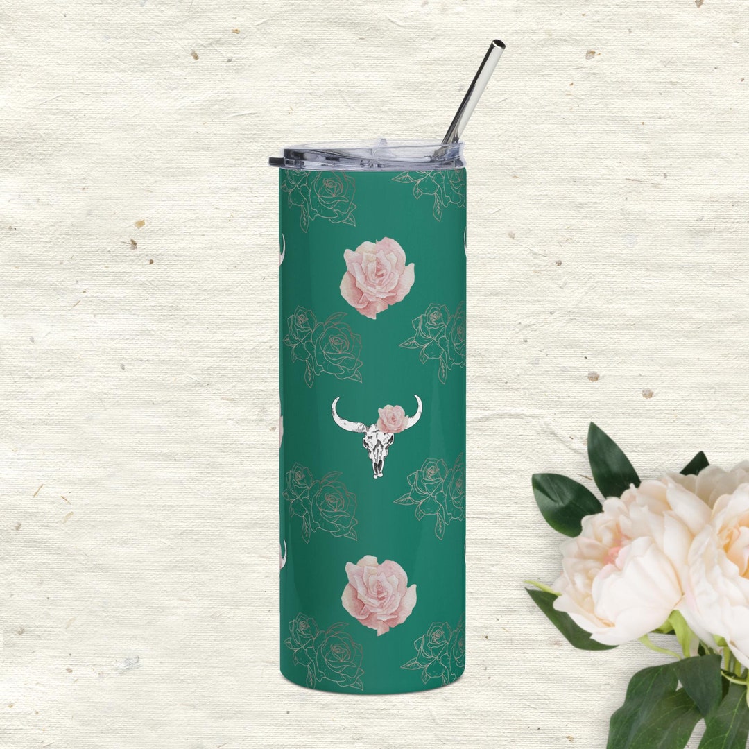 Emerald Green With Cow Skull and Roses Stainless Steel Tumbler With ...