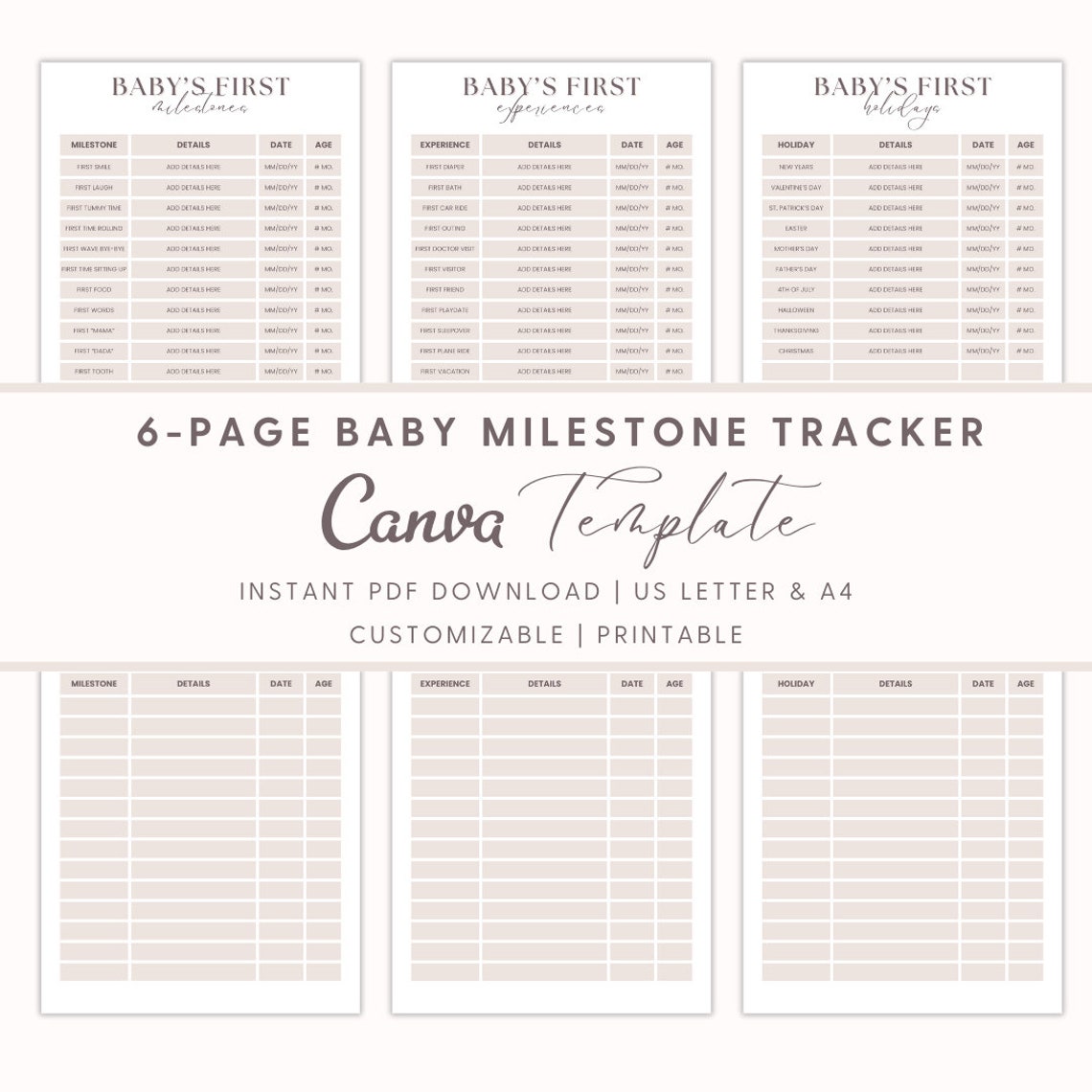 Baby Milestones Tracker Chart | Baby First Year Printable | Editable ...