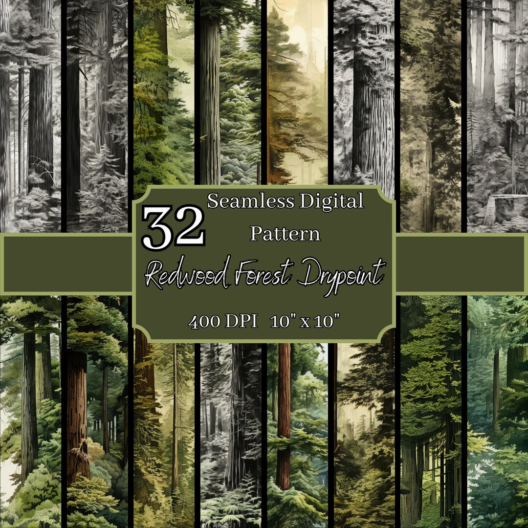 Redwood Forest Drypoint Seamless Patterns Bundle, High-resolution 400 ...