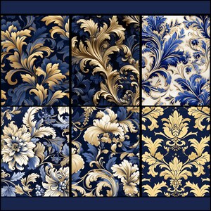 Royal Blue and Gold Damask Seamless Patterns Bundle, High-resolution ...