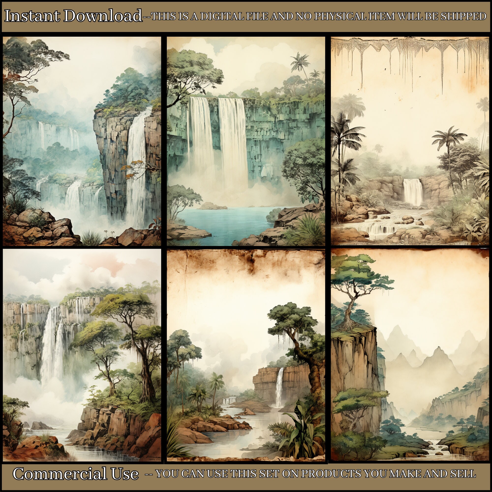 African Waterfall, Junk Journal Pages Bundle, 8.5x11, 364 DPI ...