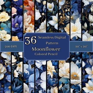 Colored Pencil Moonflower Seamless Patterns Bundle, High-resolution 400 DPI, 10x10 Inch Digital ...
