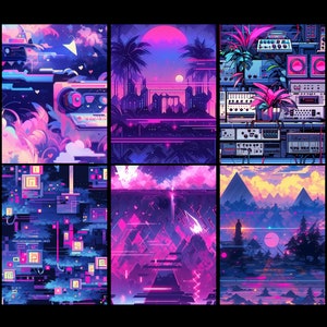 Synth Wave Pixel Art Seamless Patterns Bundle, High-resolution 400 DPI ...