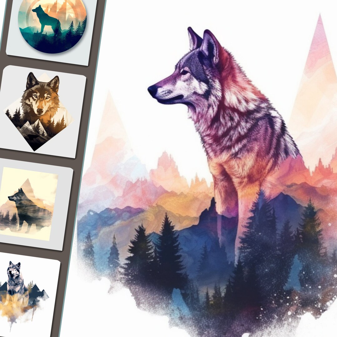 Double Exposure Wolf Clipart Bundle - High-resolution PNG Files, White ...